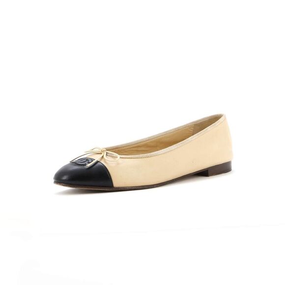 CHANEL | Shoes | Chanel Womens Cc Cap Toe Bow Ballerina Flats Leather Black Neutral | Poshmark